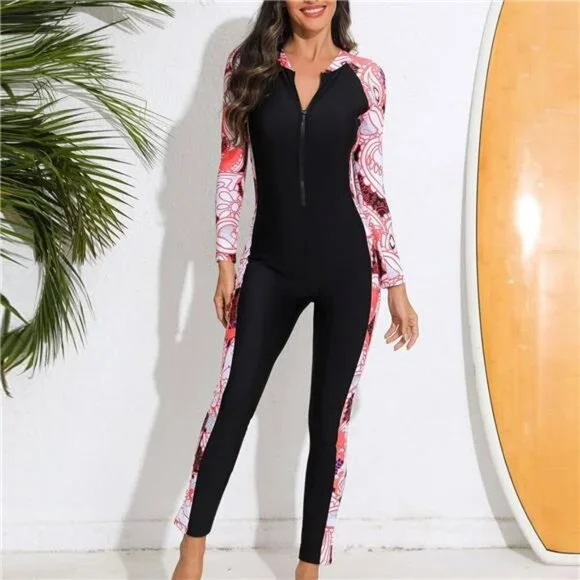 Women's Long Sleeve Zip Front Rash Guard Full Body Swimsuit Sun Protection